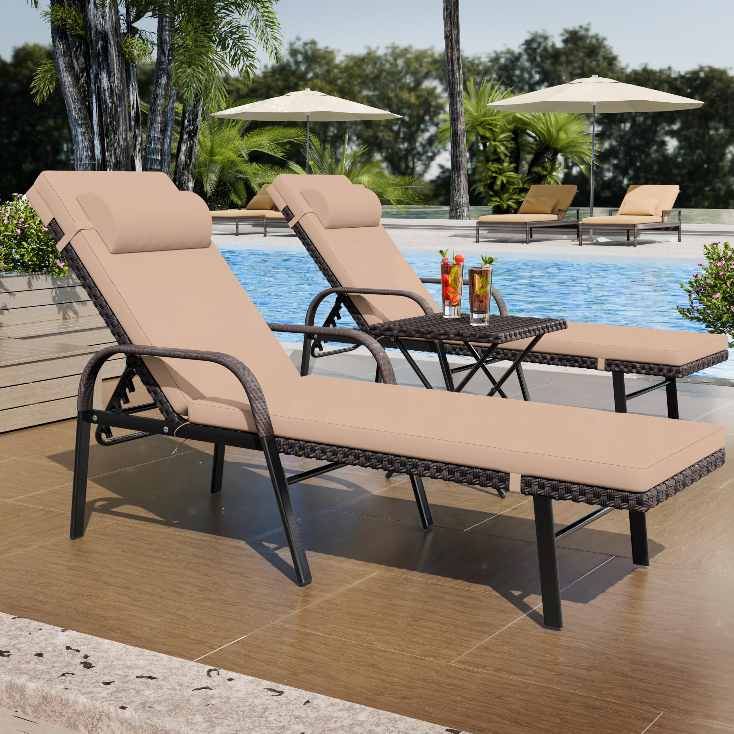 ASJMR Patio Chaise Lounge Set 3 Pieces Outdoor Lounge Chair with Rattan Adjustable Backrest Armrest and Folding Table for Beach Patio,Sand, for Poolside Backyard Porch