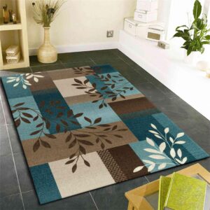 houient leaf area rug, 3x5ft, modern rustic traditional geometric botanical floral leaves print design patchwork floor mats for bedroom, nordic style blue grey non-skid rugs for bedsides hallway