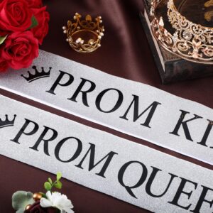 Lyrow 2 Pcs Prom King and Prom Queen Sashes, Graduation Party School Party Accessories Sashes with Print for Bachelorette Party Wedding Bridal Shower Party Supplies(Silver Glitter)