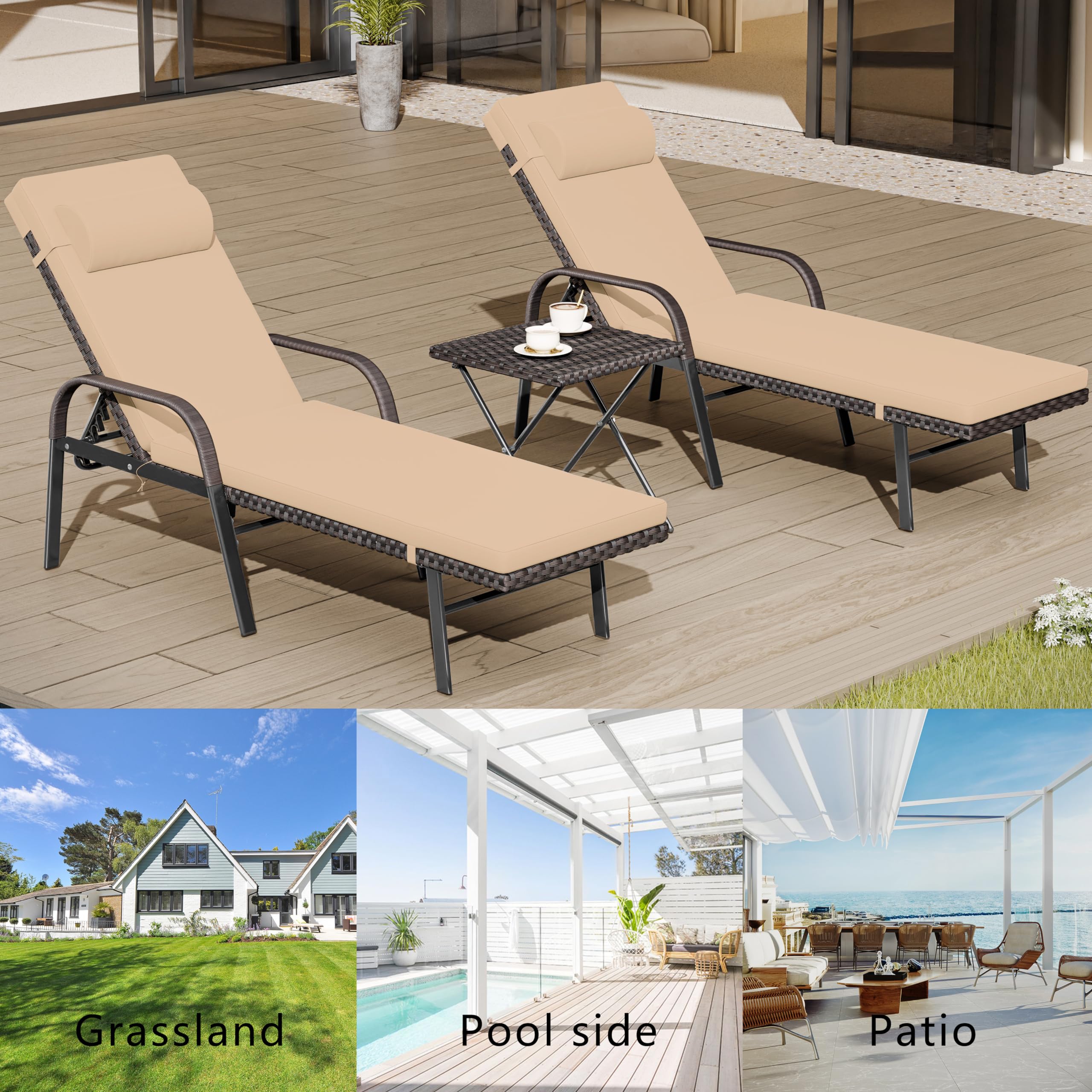 ASJMR Patio Chaise Lounge Set 3 Pieces Outdoor Lounge Chair with Rattan Adjustable Backrest Armrest and Folding Table for Beach Patio,Sand, for Poolside Backyard Porch