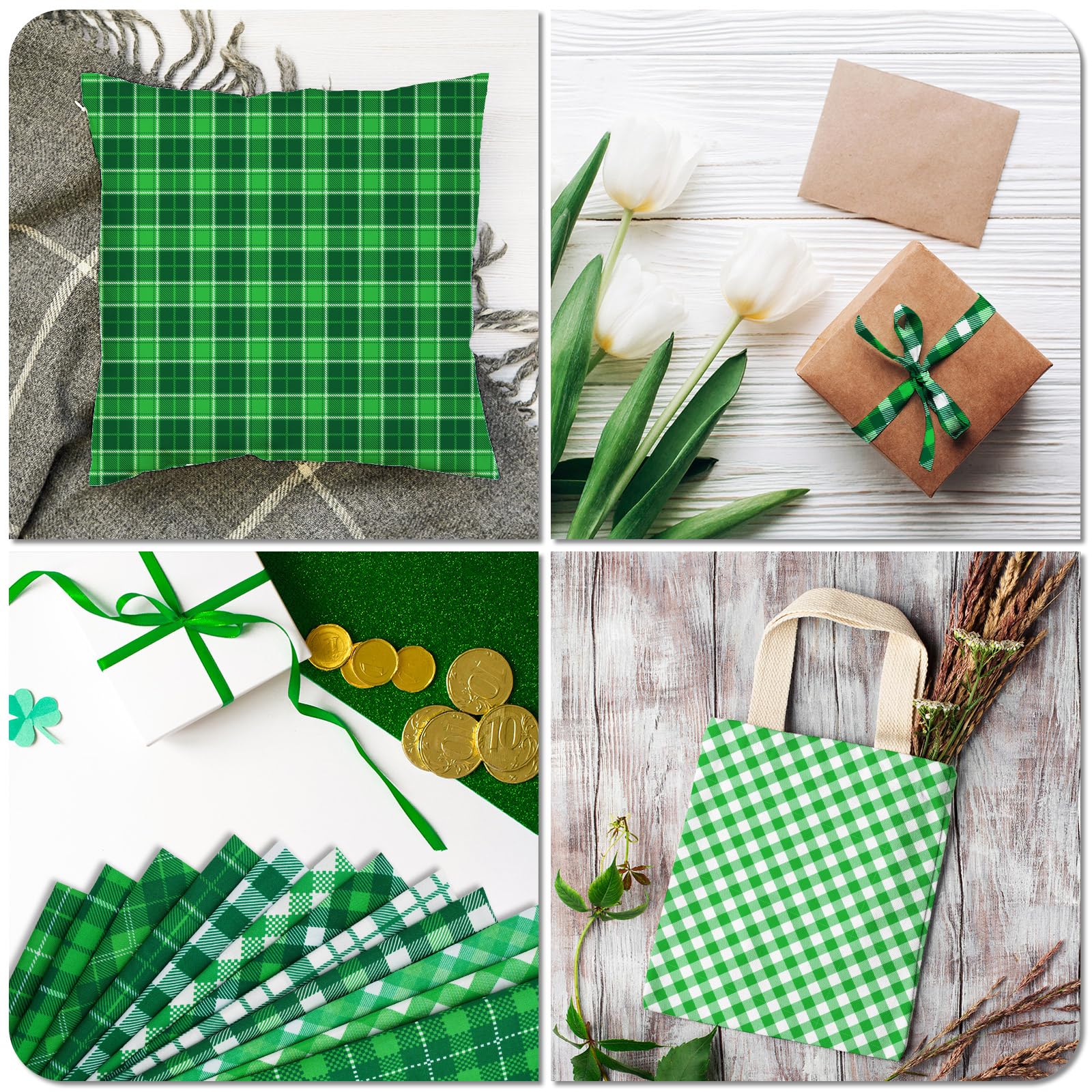 Whaline 12Pcs St. Patrick's Day Cotton Fabric Bundles Green Plaid Fat Quarters Buffalo Plaid Quilting Patchwork for Irish Holiday DIY Handmade Craft, 10 x 10 Inch