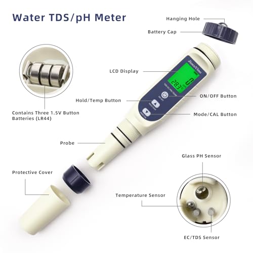 JiocoVino Digital pH/TDS Meter for Water Quality, 4 in 1 Waterproof Water Tester with Backlit Measurement 1-9990ppm for Drinking Swimming Pool Hydroponic Aquarium (Ivory White)