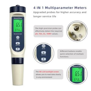 JiocoVino Digital pH/TDS Meter for Water Quality, 4 in 1 Waterproof Water Tester with Backlit Measurement 1-9990ppm for Drinking Swimming Pool Hydroponic Aquarium (Ivory White)