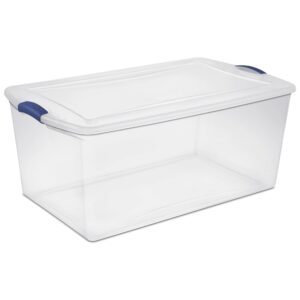 mevus 105 qt. clear plastic latching box, blue latches with clear lid storage box home organization and storage containers organizer