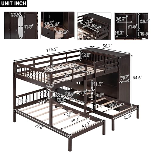 RORIGAT Full Over Twin&Twin Triple Bunk Bed with Large Wardrobe, Drawers and Shelves Storage, Wooden L-Shaped Bunkbed Frame w/Mirror for 3 Kids Teens Adults Bedroom, Full/Twin/Twin,Espresso