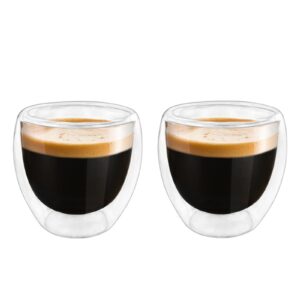 double wall espresso cups (set of 2), 3 ounce glass expresso coffee mugs clear espresso shots double walled insulated small demitasse cups for espresso machine italian espresso microwave safe