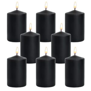 unscented black pillar candles, small 2x3 inch dripless tapered column halloween solid colored candles for home party holiday, 24 hour burn time, set of 8