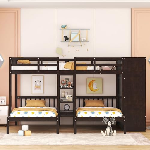 RORIGAT Full Over Twin&Twin Triple Bunk Bed with Large Wardrobe, Drawers and Shelves Storage, Wooden L-Shaped Bunkbed Frame w/Mirror for 3 Kids Teens Adults Bedroom, Full/Twin/Twin,Espresso