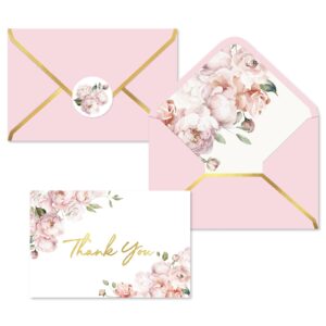 whaline 24 sets floral thank you cards gold foil thank you greeting cards watercolor pink flower blank note cards with envelopes stickers for bridal baby shower wedding birthday party, 4 x 6 inch