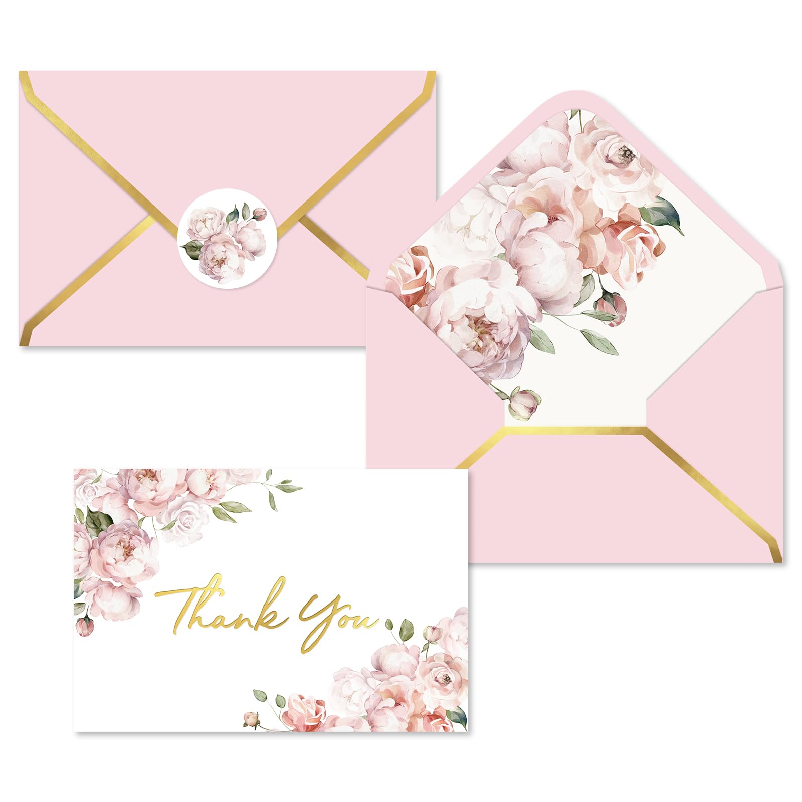 Whaline 24 Sets Floral Thank You Cards Gold Foil Thank You Greeting Cards Watercolor Pink Flower Blank Note Cards with Envelopes Stickers for Bridal Baby Shower Wedding Birthday Party, 4 x 6 Inch