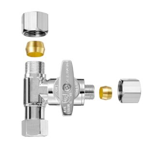 tee stop valve (3/8" x 3/8" x 1/4") - lead-free t-valve for faucets, dishwashers, refrigerators, icemakers, ro water filters, toilets, bidets - threaded 1/4 turn brass t-connector valves