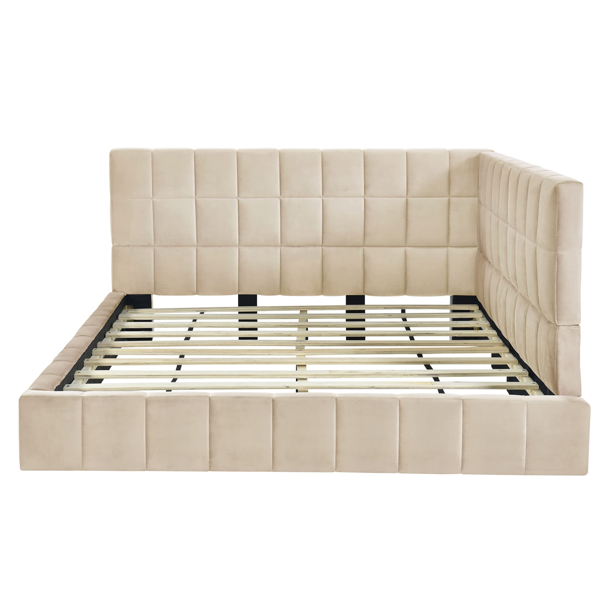 QVUUOU Grounded Bed Upholstered Daybed Sofa Bed with Lattice Styling Design, Full Size Wooden Daybed Frame for Kids Adults Bedroom Furniture, Velvet Fabric Upholstered Bed Floor Bed (Beige)