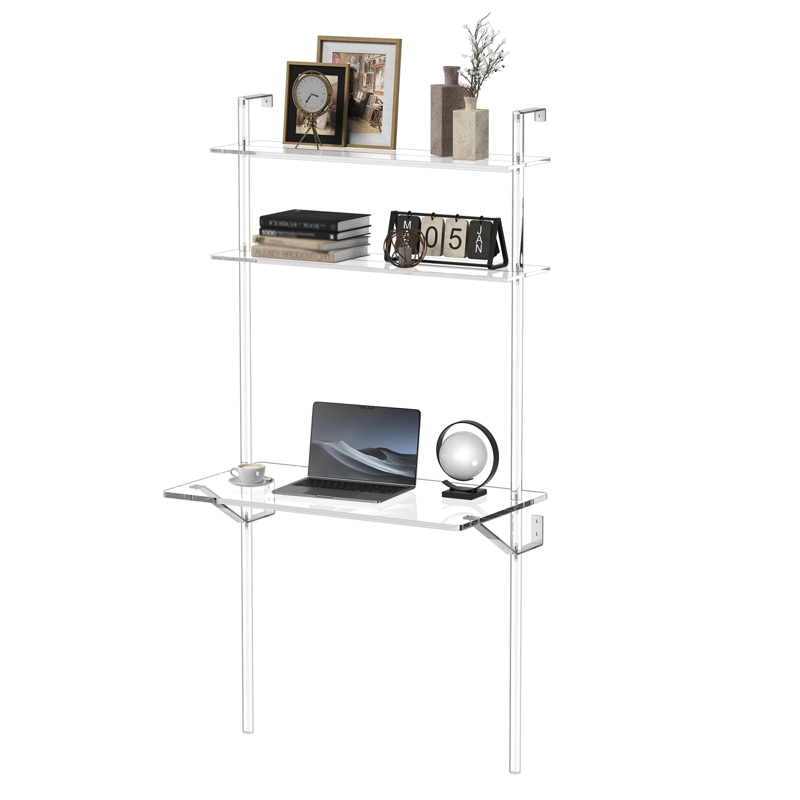 HMYHUM Acrylic Wall Mount Desk, Clear Ladder Desk with Open Shelves, Floating Desk for Laptop, Computer, Study, Writing, Vanity Table, Modern, 36" L x 19.7" W x 69.99" H