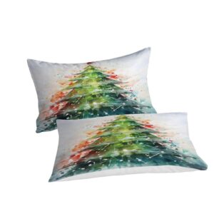 Christmas Tree Duvet Cover Set 3D Watercolor Print Decorative 3 Piece Bedding Set with 2 Pillow Shams with Zipper Closure All Season Microfiber Twin（173x218cm）