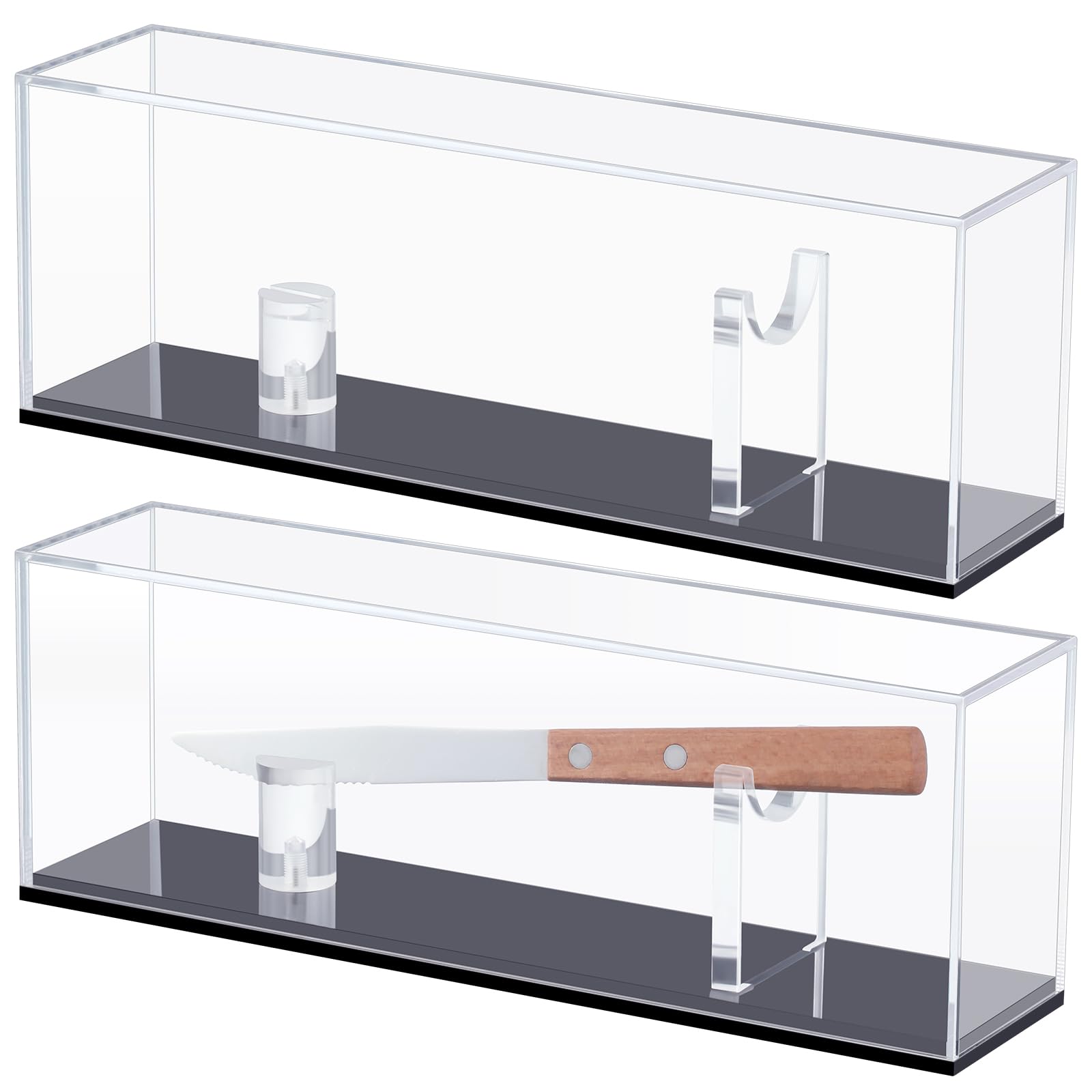 Suzile 2 Pcs Acrylic Knife Display Case Pocket Knife Display Stand with Clear Cover Collection Single Knife Display Box Holder Cabinet Protection, Black Base, 10.5 x 3.7 x 2.5 inches