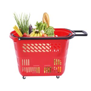 6pcs shopping carts with wheels and handle, plastic shopping basket red 35l, portable rolling shopping basket set in supermarkets and retail stores laundries