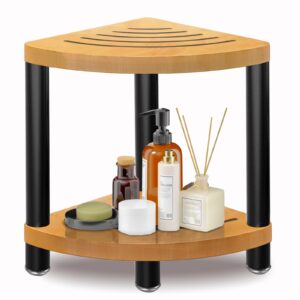 corner shower stool with storage shelf,waterproof bamboo corner shower seat for bathroom,sturdy and non-slip shower bench for shaving legs,height adjustable metal chair legs with anti slip pad (brown)