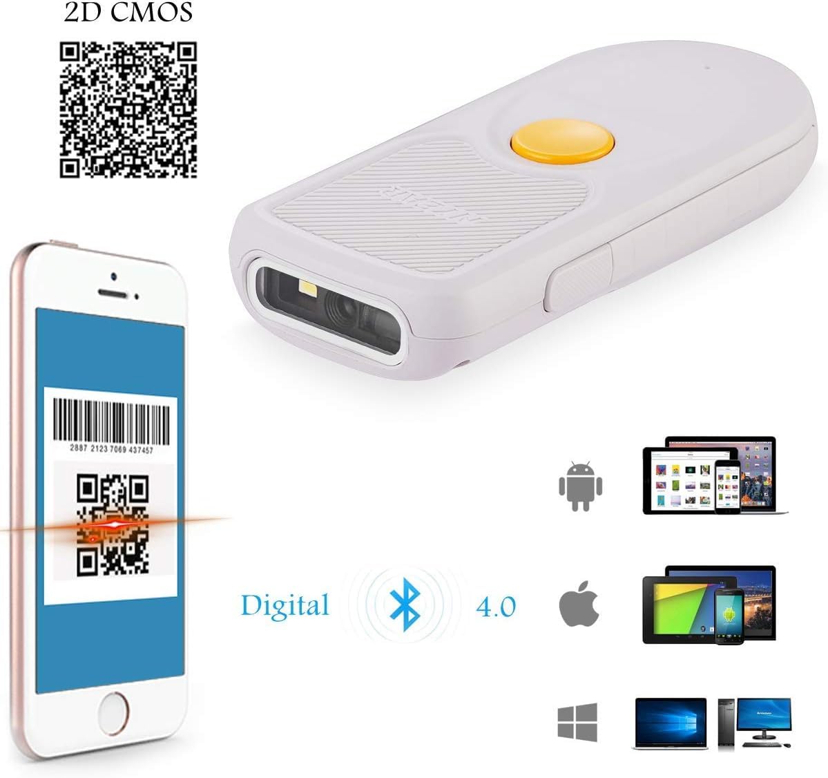 NYEAR Mini BLE Bluetooth 2D & QR & 1D CMOS Barcode Scanner with APP Without scanning Barcode to Set parameters conveniently,with Real Voice Announcement,NT1000