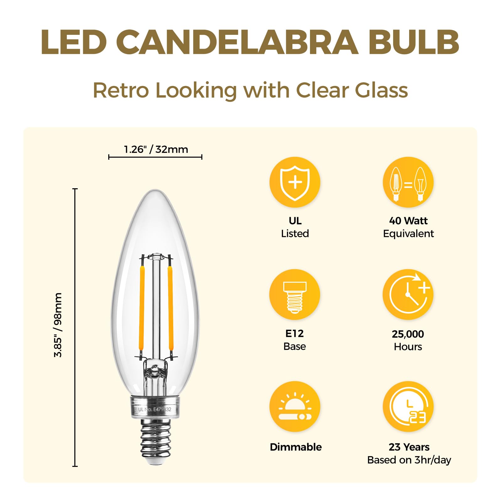 Hizashi Candelabra LED Light Bulbs 40 Watt Equivalent, E12 Base Chandelier Light Bulbs 2700K Soft White, Dimmable LED Candelabra Bulbs, B10, 90+CRI, 4W, 450LM, UL Listed, 12 Pack