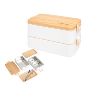 gimmiebox premium stainless steel bento box lunch box with compartments for adults, spoon and fork, leak-proof, easy side locks (white)