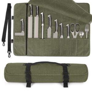 lelezone chef knife roll bag,waterproof waxed canvas knife case holds,knives roll bags for chefs professional with adjustable strap,chef backpack with 11 knife slots and a large zippered pocket