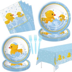 apowbls rubber duck decorations tableware - duck party supplies for baby shower birthday, paper plate, napkin, tablecloth, fork, bubble bath rubber duck party decorations dinnerware | serve 24