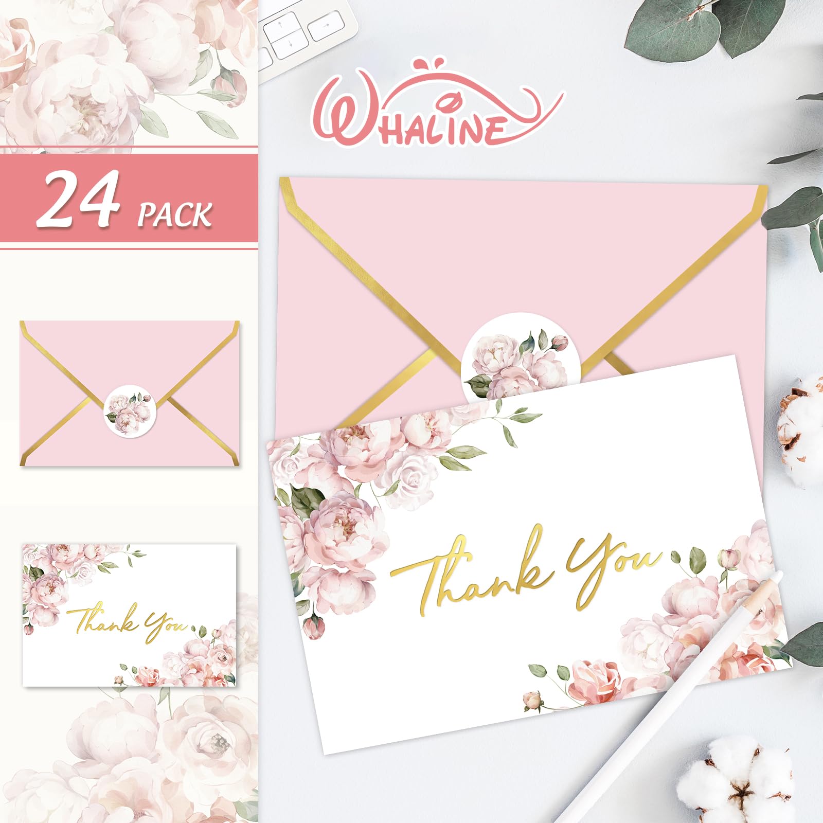 Whaline 24 Sets Floral Thank You Cards Gold Foil Thank You Greeting Cards Watercolor Pink Flower Blank Note Cards with Envelopes Stickers for Bridal Baby Shower Wedding Birthday Party, 4 x 6 Inch