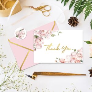 Whaline 24 Sets Floral Thank You Cards Gold Foil Thank You Greeting Cards Watercolor Pink Flower Blank Note Cards with Envelopes Stickers for Bridal Baby Shower Wedding Birthday Party, 4 x 6 Inch