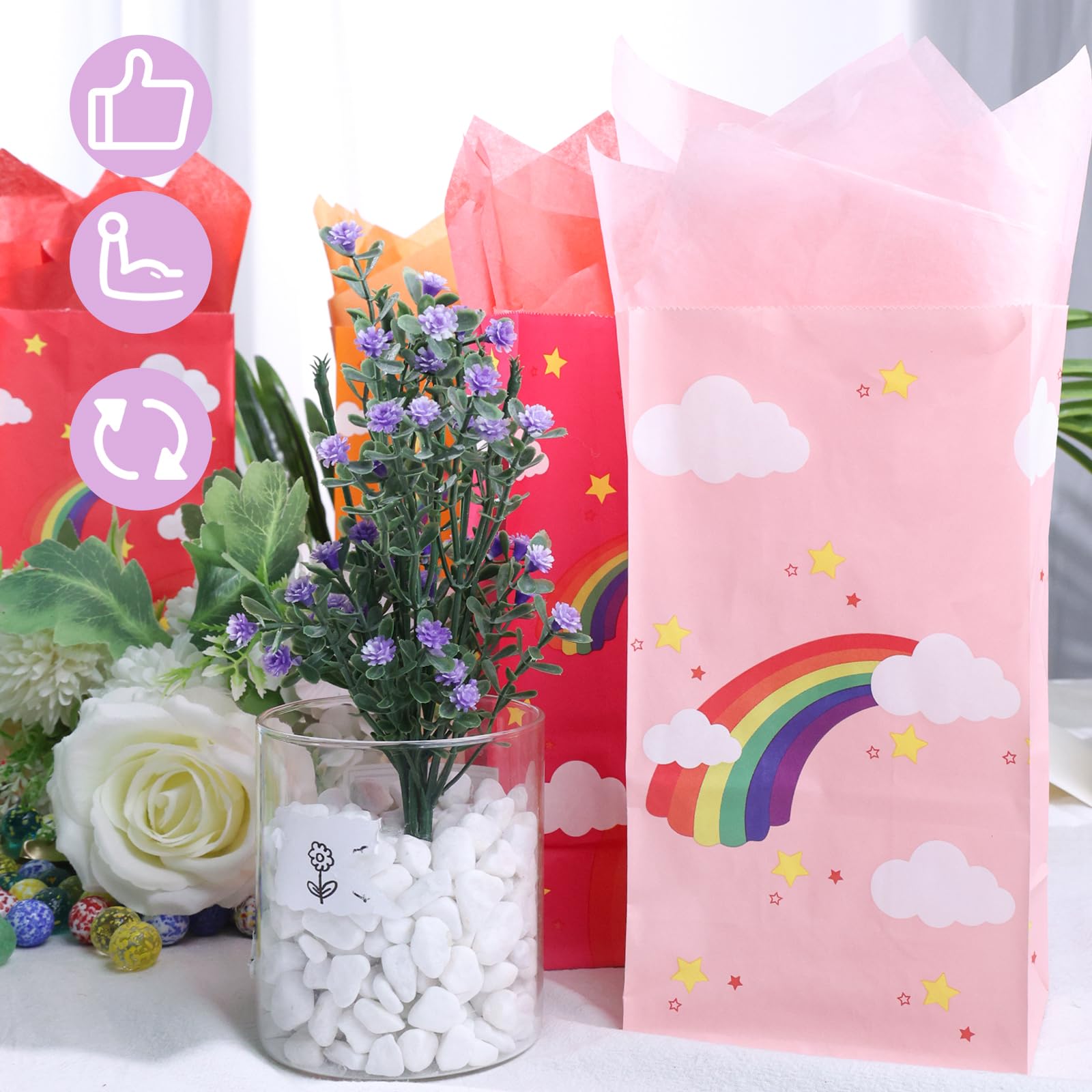 JOHOUSE 24PCS Treat Paper Bags, Colorful Gift Bag with Tissue Paper Rainbow Goody Bags Treat Bags with Stickers for Party Birthday Baby Showers Weddings