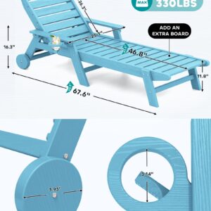 SERWALL Patio Chaise Lounge Chair Set of 2, 5 Positions Adjustable HDPE Outdoor Lounge Chair for Pool, Poly Lounge Chair with Rolling Wheels & Cup Holder for Poolside, Deck, Light Blue