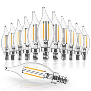 hizashi e12 candelabra bulb 60 watt equivalent, 2700k soft warm white, dimmable chandelier light bulbs, 90+ cri 6w 550lm, ca11 flame tip e12 led candle bulb, ul listed,12 pack