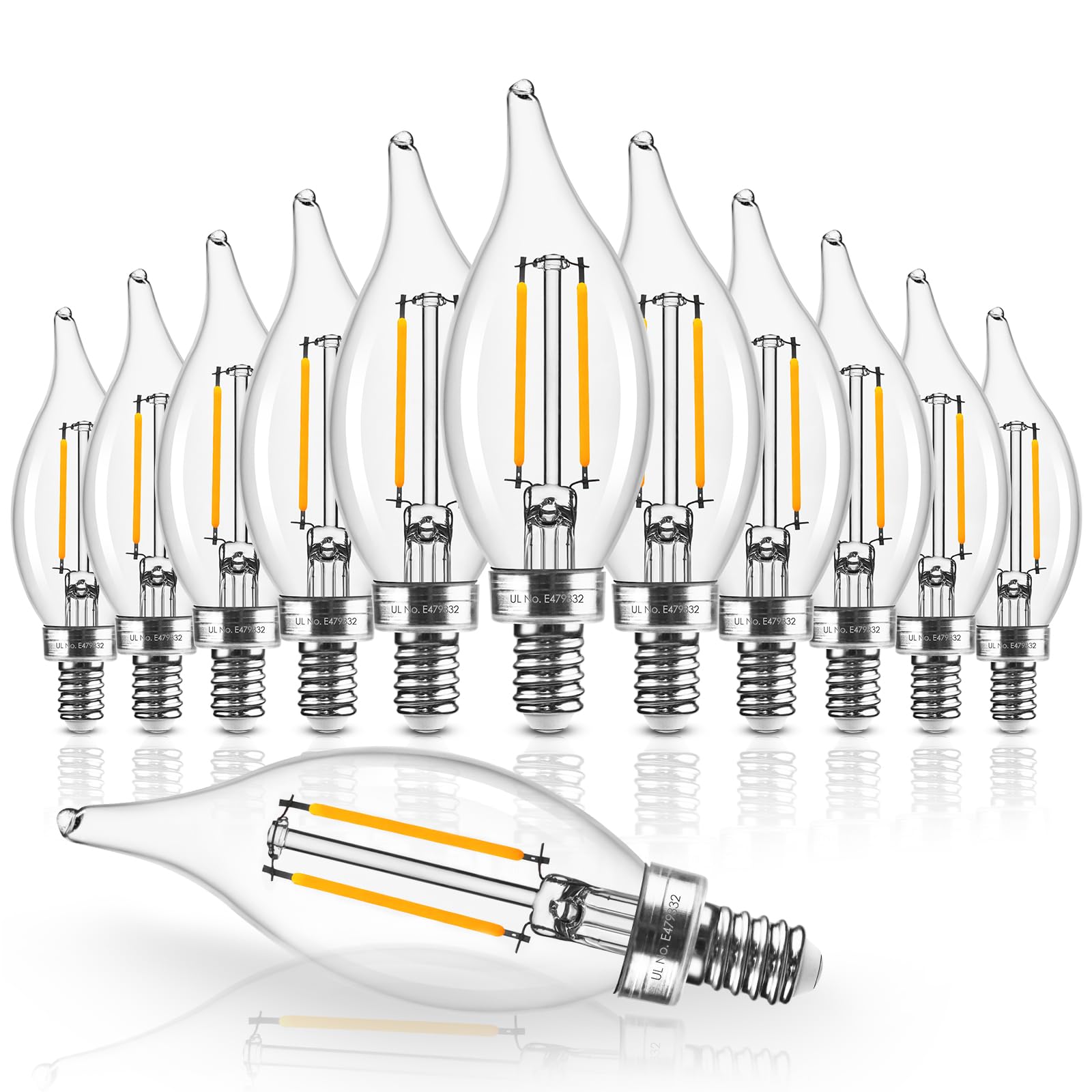 Hizashi E12 Candelabra Bulb 60 watt Equivalent, 2700K Soft Warm White, Dimmable Chandelier Light Bulbs, 90+ CRI 6W 550LM, CA11 Flame Tip E12 LED Candle Bulb, UL Listed,12 Pack