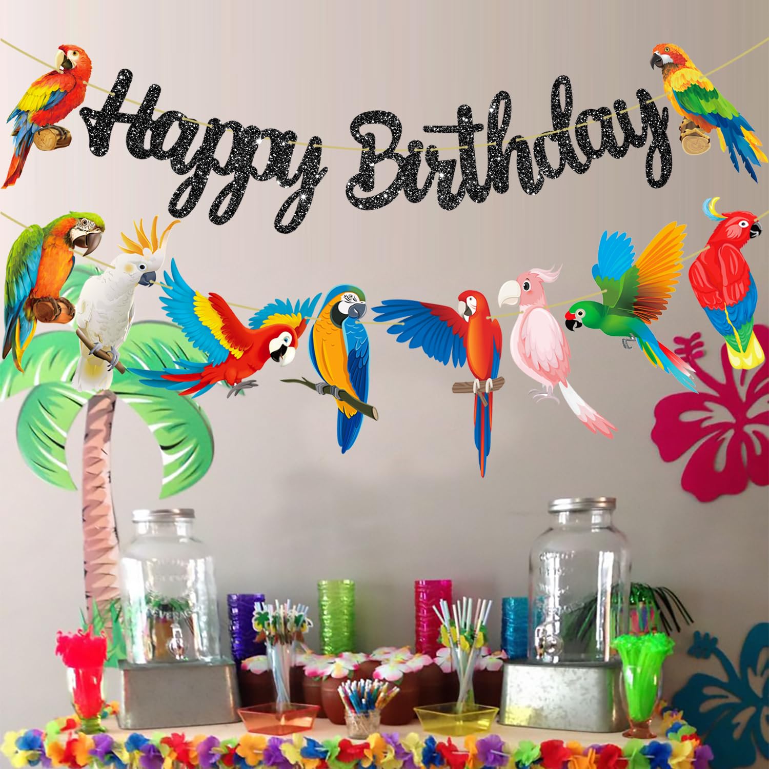 Parrot Birthday Party Banners Tropical Bird Birthday Banner Parrot Birthday Decoration Toucan Parrot Party Cutout Banners for Hawaiian Themed Baby Shower Supplies