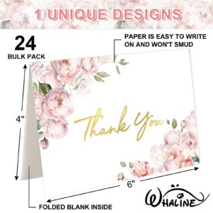 Whaline 24 Sets Floral Thank You Cards Gold Foil Thank You Greeting Cards Watercolor Pink Flower Blank Note Cards with Envelopes Stickers for Bridal Baby Shower Wedding Birthday Party, 4 x 6 Inch