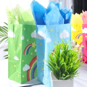 JOHOUSE 24PCS Treat Paper Bags, Colorful Gift Bag with Tissue Paper Rainbow Goody Bags Treat Bags with Stickers for Party Birthday Baby Showers Weddings