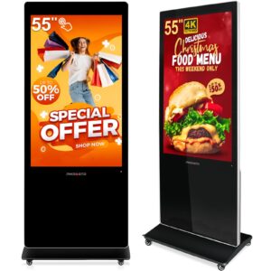 digital signage display, pwr4gtr 55 inch 4k uhd capacitive touchscreen kiosk indoor advertising screen floor standing lcd monitor with hdmi-in/usb port, android 11.0 system 2+32gb