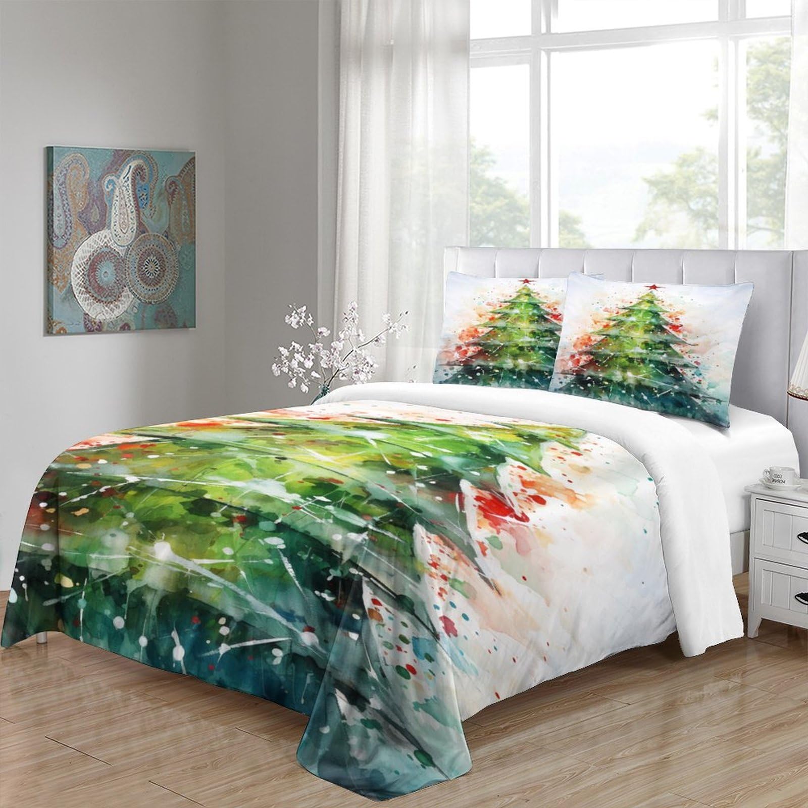 Christmas Tree Duvet Cover Set 3D Watercolor Print Decorative 3 Piece Bedding Set with 2 Pillow Shams with Zipper Closure All Season Microfiber Twin（173x218cm）