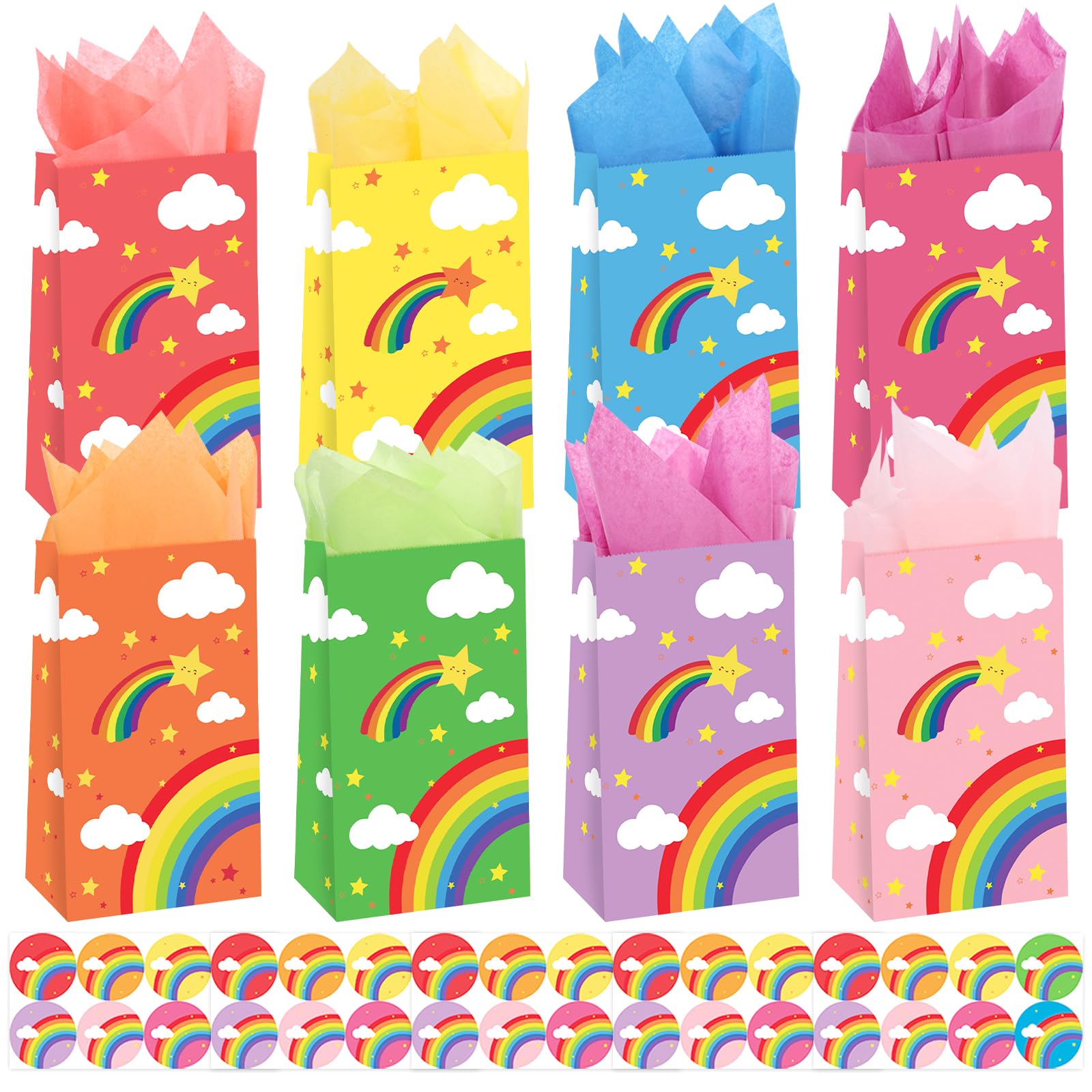 JOHOUSE 24PCS Treat Paper Bags, Colorful Gift Bag with Tissue Paper Rainbow Goody Bags Treat Bags with Stickers for Party Birthday Baby Showers Weddings