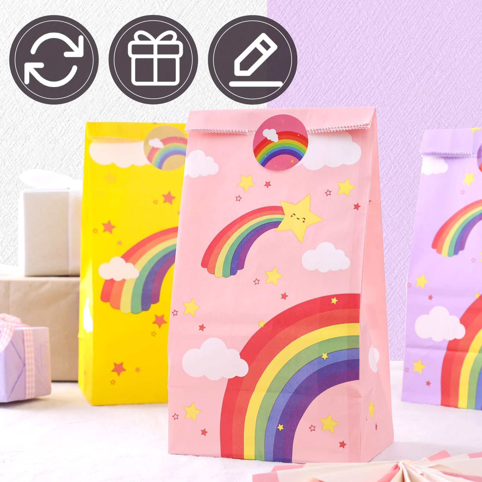 Shindel 24PCS Party Favor Bags, Rainbow Goodie Bags with Stickers, Small Gift Bags, Treat Bags, Colored Paper Bags For Kids Birthday Party favors and Party Supplies 4.7" x 3.1" x 8.7"