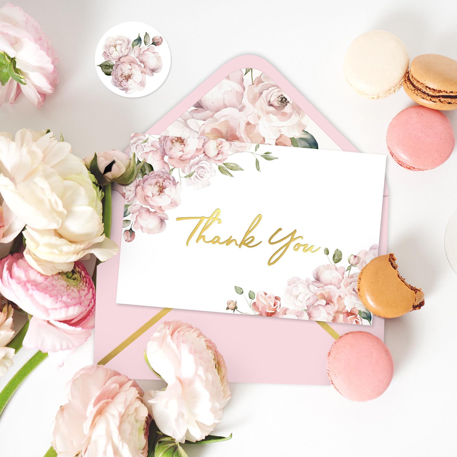 Whaline 24 Sets Floral Thank You Cards Gold Foil Thank You Greeting Cards Watercolor Pink Flower Blank Note Cards with Envelopes Stickers for Bridal Baby Shower Wedding Birthday Party, 4 x 6 Inch