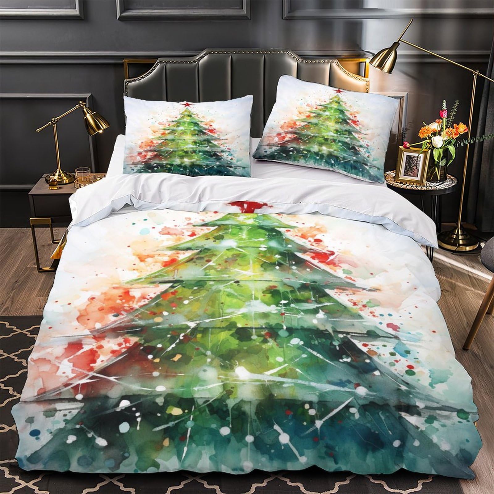 Christmas Tree Duvet Cover Set 3D Watercolor Print Decorative 3 Piece Bedding Set with 2 Pillow Shams with Zipper Closure All Season Microfiber Twin（173x218cm）