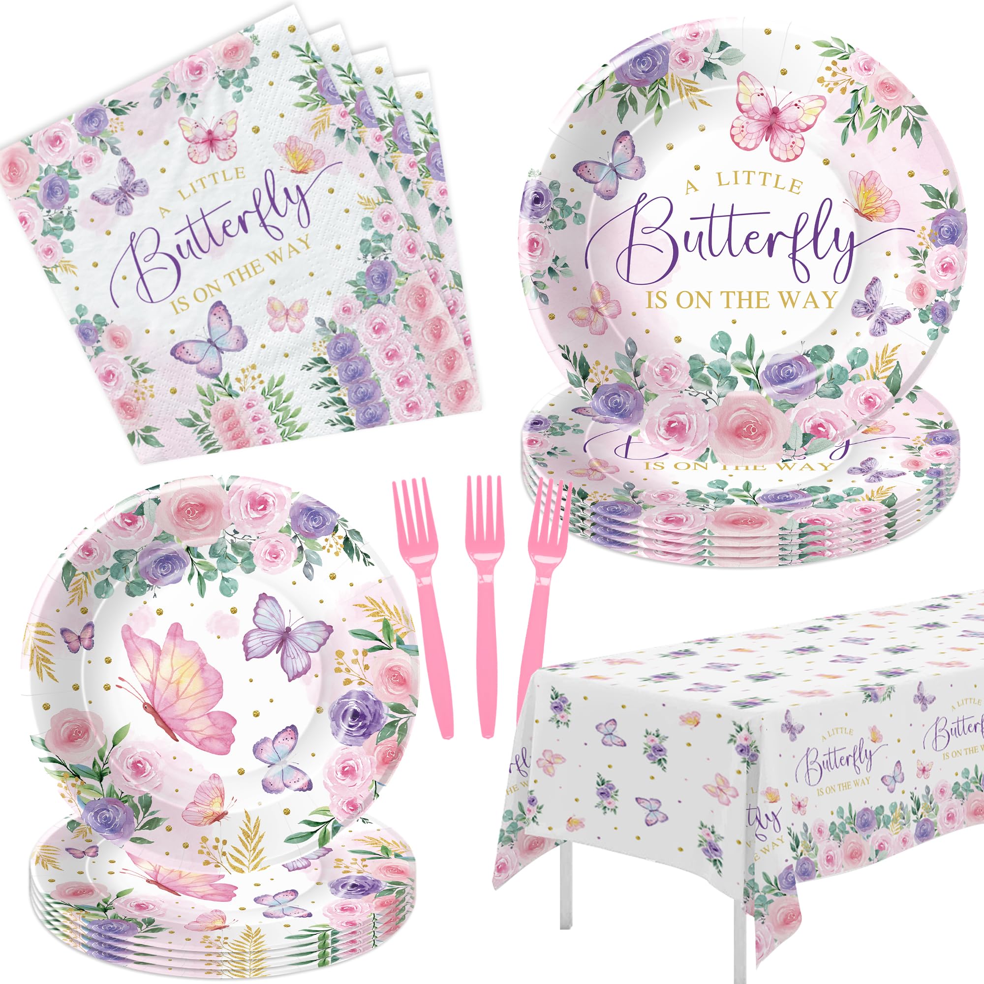 HIPVVILD Butterfly Baby Shower Decorations - A Little Butterfly Is On The Way Party Supplies, Plate, Napkin, Tablecloth, Fork, Pink Floral Butterfly Baby Girl Table Decorations Tableware | Serve 24