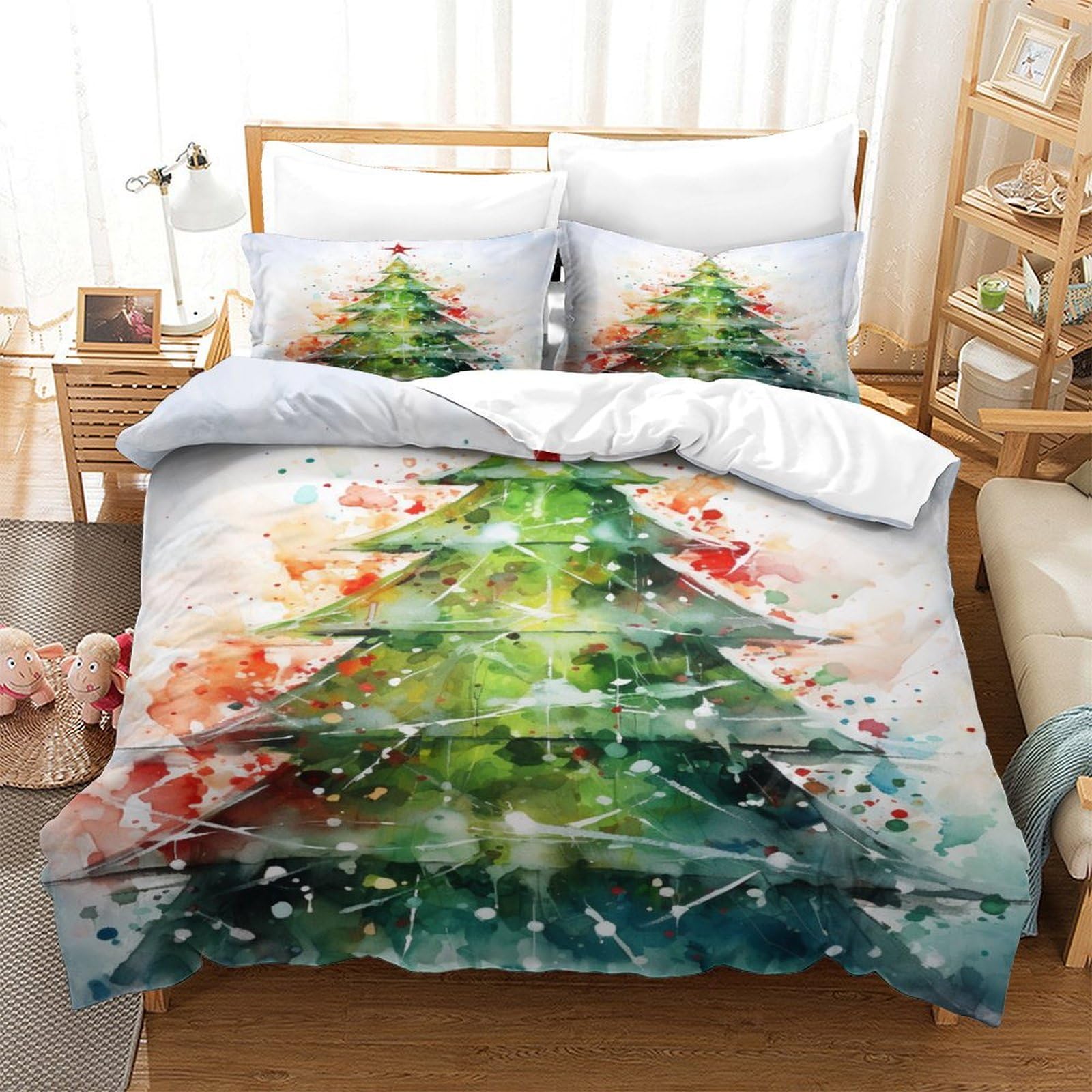 Christmas Tree Duvet Cover Set 3D Watercolor Print Decorative 3 Piece Bedding Set with 2 Pillow Shams with Zipper Closure All Season Microfiber Twin（173x218cm）