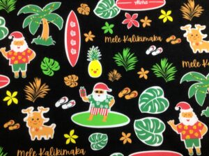 mele kalikimaka hawaiian christmas surfing santa in black background hawaiian print 100% cotton fabric sold by the yard