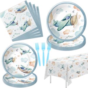 hipvvild airplane party decorations dinnerware - airplane birthday party supplies, paper plate, napkin, tablecloth, fork, airplane theme birthday baby shower decorations party tableware | serve 24