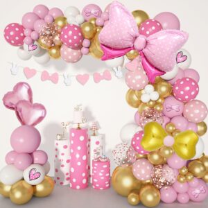 pink mouse balloon arch kit for cartoon mouse birthday party decorations for 1st 2nd 3rd girls kids, pink gold rose red bow heart foil balloons banner for baby shower oh twodles party supplies