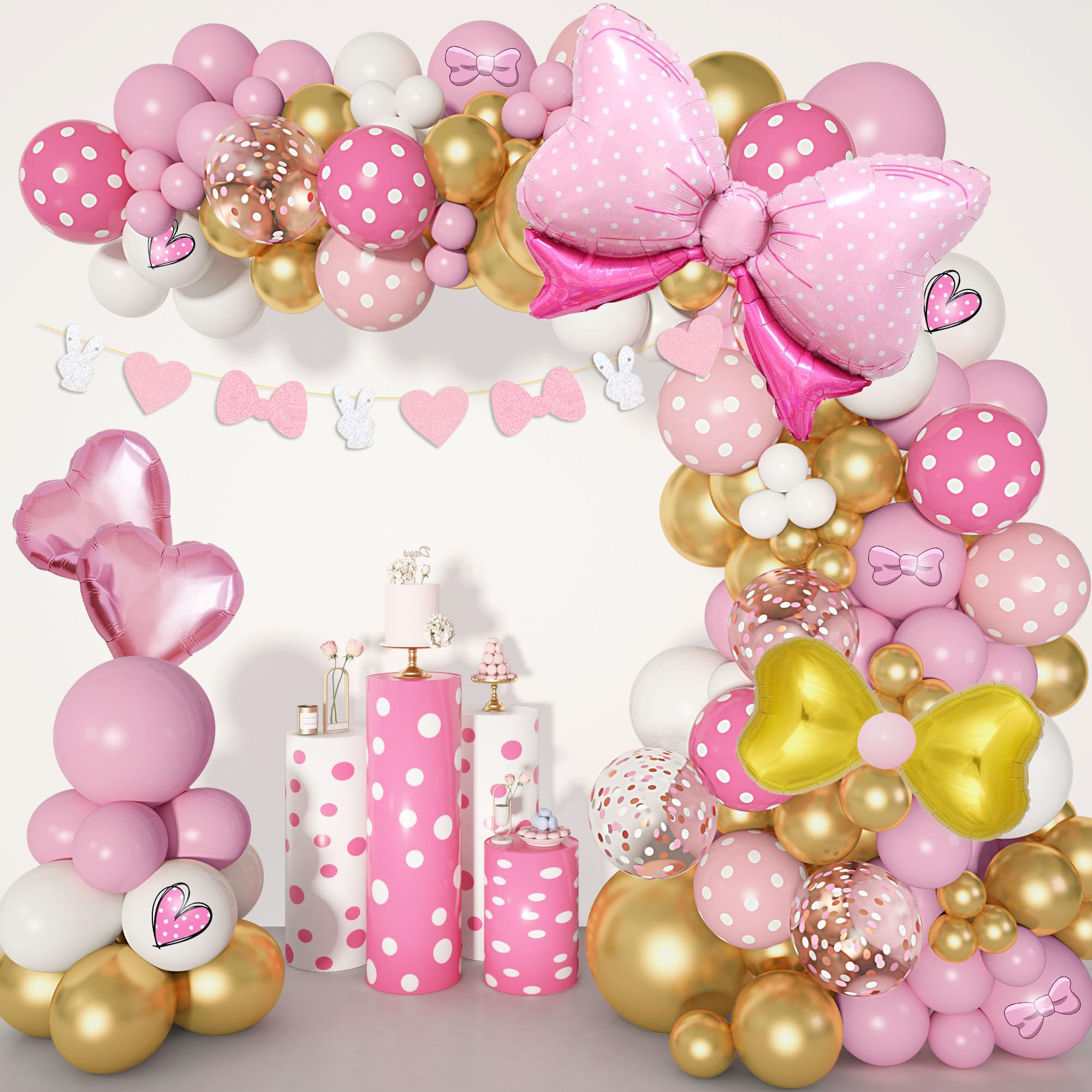 Pink Mouse Balloon Arch Kit for Cartoon Mouse Birthday Party Decorations for 1st 2nd 3rd Girls Kids, Pink Gold Rose Red Bow Heart Foil Balloons Banner for Baby Shower Oh Twodles Party Supplies