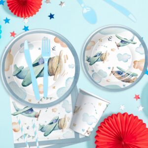 HIPVVILD Airplane Party Decorations Dinnerware - Airplane Birthday Party Supplies, Paper Plate, Napkin, Tablecloth, Fork, Airplane Theme Birthday Baby Shower Decorations Party Tableware | Serve 24