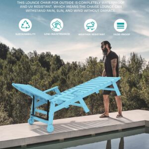 SERWALL Patio Chaise Lounge Chair Set of 2, 5 Positions Adjustable HDPE Outdoor Lounge Chair for Pool, Poly Lounge Chair with Rolling Wheels & Cup Holder for Poolside, Deck, Light Blue