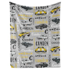 zotimef custom name car blanket for kids - multi-fonts names with cars theme design - personalized soft plush flannel blanket for boys girls holidays birthdays gifts grey & yellow